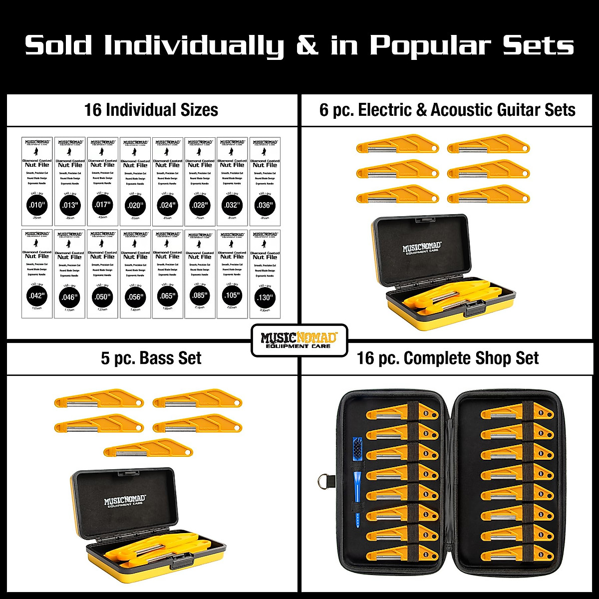 MusicNomad MN668 6 pc. Diamond Coated Electric Guitar Nut Slotting File Set - Light Strings, with Storage Case