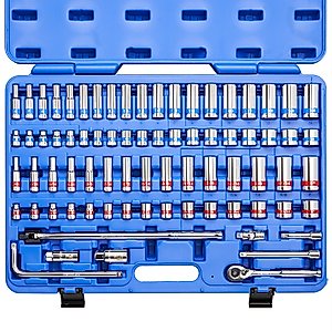 Neiko 02472A 3/8-Inch-Drive Colored Mechanics Tool Ratchet, Socket Set, 76-Piece Standard and Deep SAE Sizes 1/4" to 1" Metric Sizes 6 mm to 24 mm Made with CrV Steel for Auto Repair