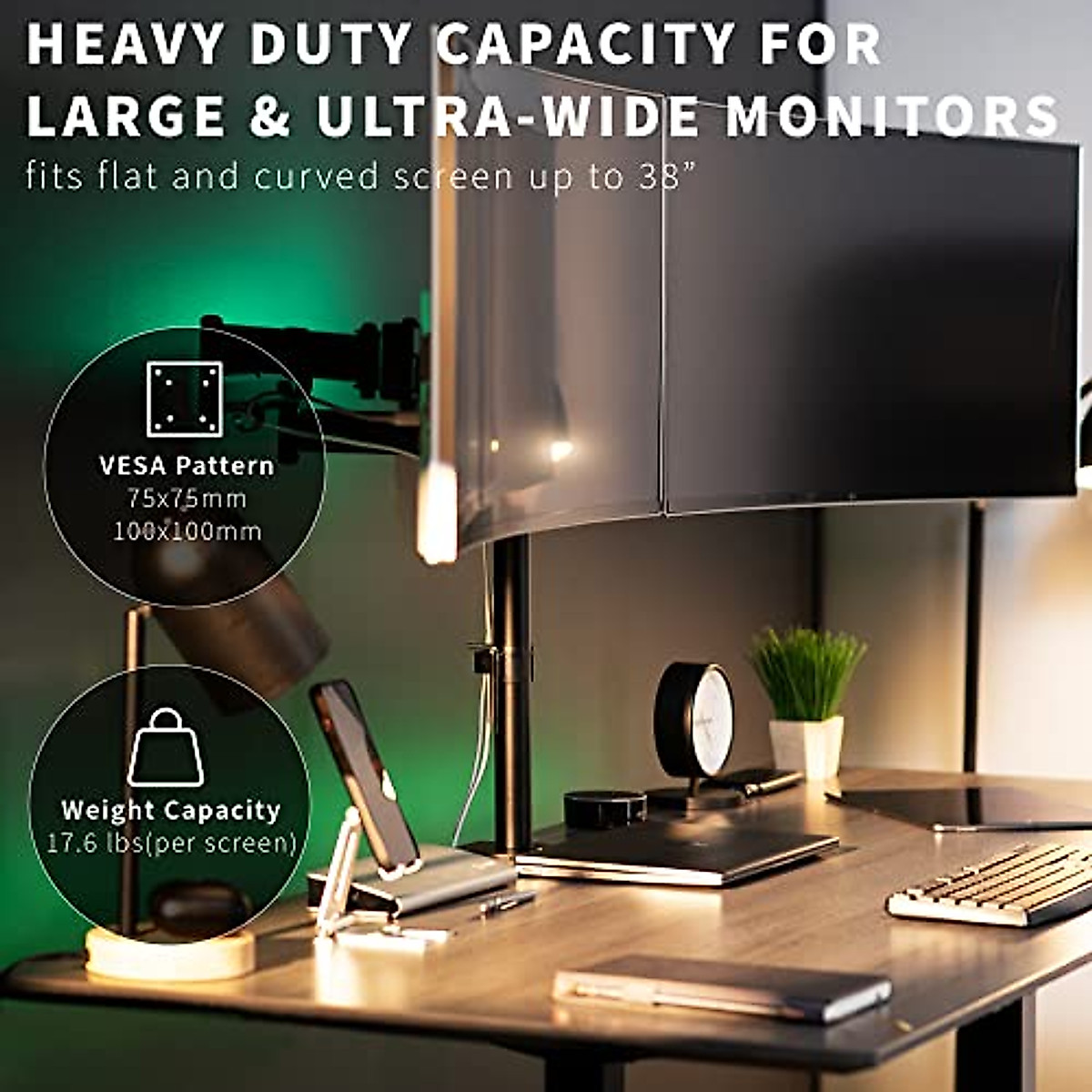 VIVO Dual Ultra Wide 13 to 38 inch Computer Monitor Mount, Fully Adjustable VESA Stand for 2 Wide Screens, STAND-V038M