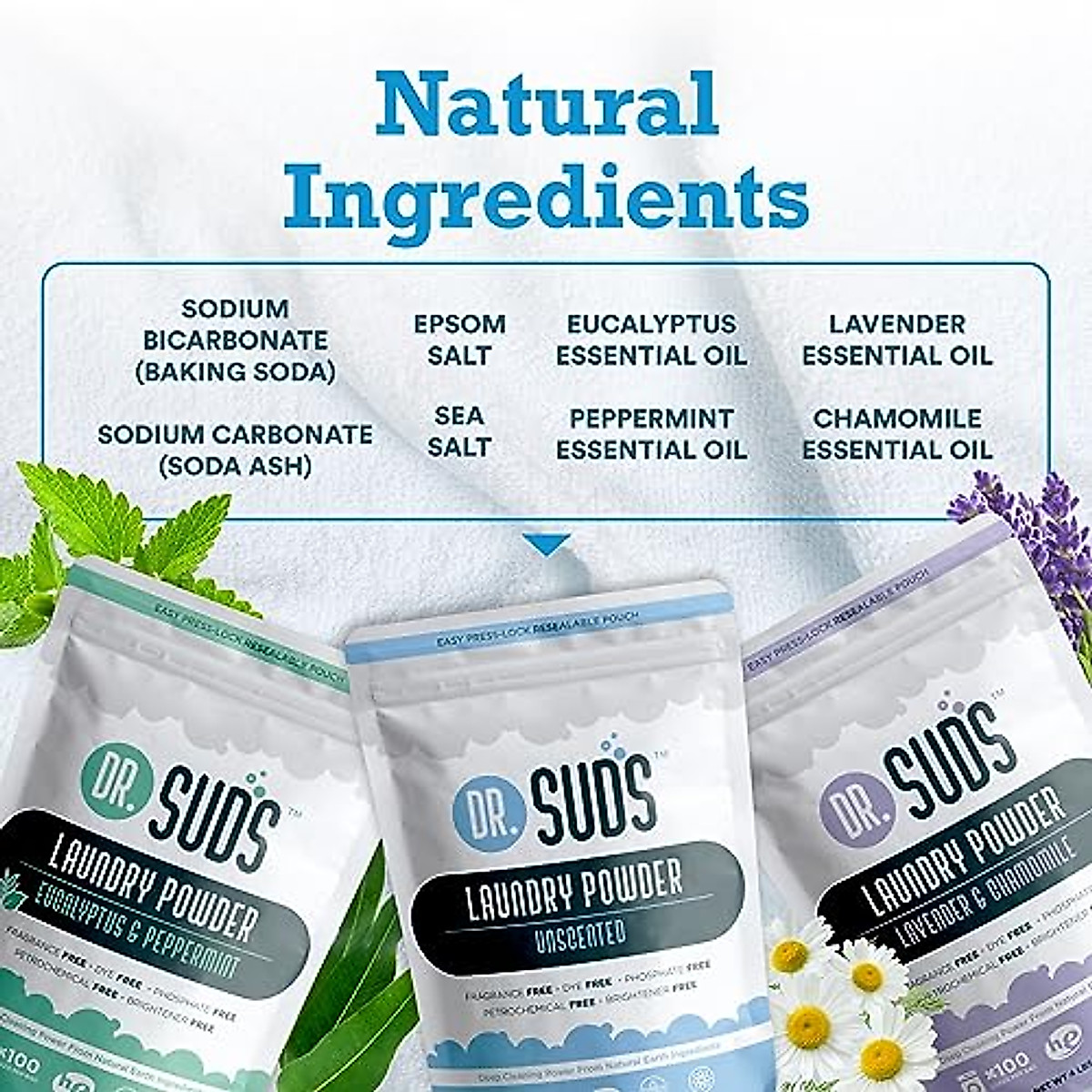 Dr Suds Laundry Powder Variety Bundle 3 Pack 192 Ounces Total Three 64 Oz Pouches Scented with Lavender and Eucalyptus Plus Unscented Variant Made in USA