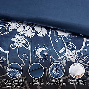 Intelligent Design Queen Duvet Cover Set Cosmic, Moon and Sun Celestial Print Duvet Cover Queen Size, Lightweight All Season Bedding Cover Queen, Sham, Décor Pillow, Stella, Full/Queen, Navy 5 Piece