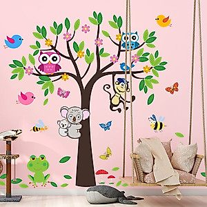 Amaonm Giant Tree With Cartoon Animals Monkey Owls Wall Sticker Removable 3D DIY Green Leaves Wall Decal Nursery Peel and Stick art Decor for Kids Baby Bedroom Home Living Room Classroom Decoration