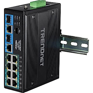 TRENDnet 10-Port Hardened Industrial Unmanaged Gigabit PoE ++ DIN-Rail Switch, 4 Gigabit PoE++ Ports, 4 Gigabit PoE+, 2 Gigabit Share Ports SFP or RJ-45, 360W Power Budget, Black, TI-BG104
