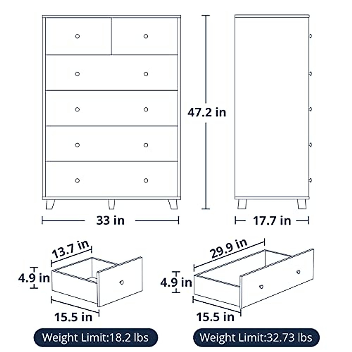 Cozy Castle 6-Drawer Dresser, Wood Black Dresser, Chest of Drawers for Bedroom, Vertical Dresser, 2 Small Drawers and 4 Large Drawers Sufficient for Bedroom Storage, Black