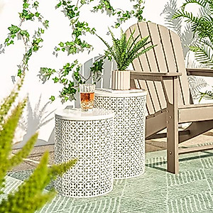 glitzhome Nesting Side Table Set of 2 Decorative Garden Stools for Indoor Outdoor Heavy Duty Metal Frame Modern End Table, Cream White