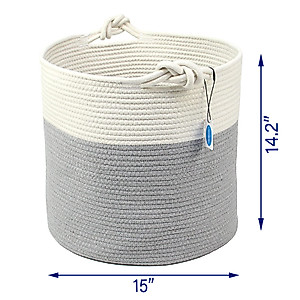 Casaphoria Woven Cotton Rope Basket with Handle for Bedroom,Round Storage Basket for Bathroom,Large Blanket Basket for Living Room,Tall Laundry Hamper Woven for Laundry,Light Gray