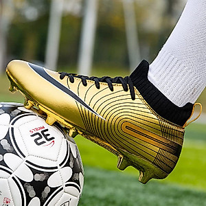 DHOVOR Womens Soccer Cleats Youth Football Cleats Girls High-Top Athletics Football Trainers Outdoor and Indoor Soccer Shoes Gold