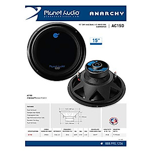 Planet Audio AC15D Car Subwoofer - 2100 Watts Maximum Power, 15 Inch, Dual 4 Ohm Voice Coil, Easy Mounting, Sold Individually
