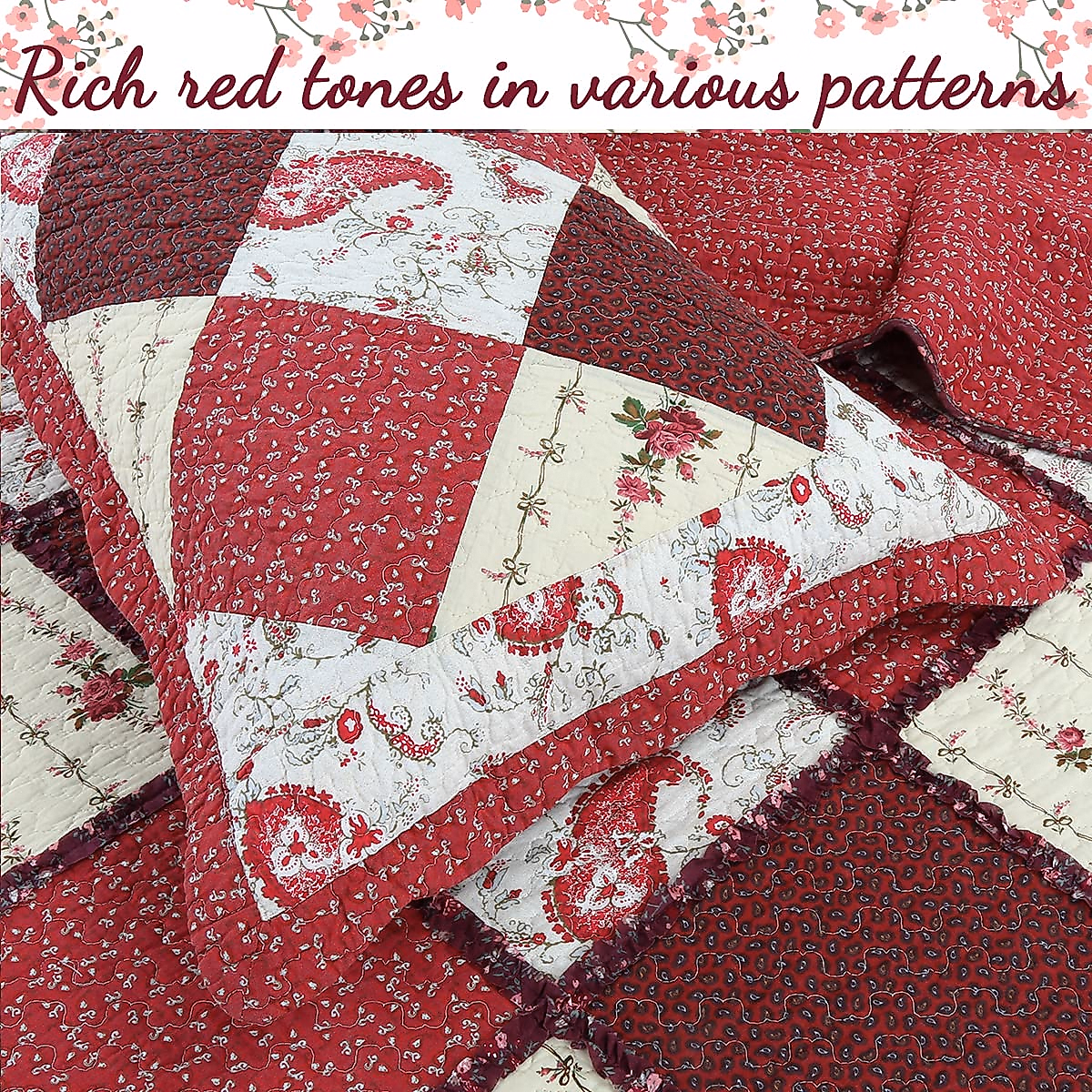 Cozy Line Home Fashions 100% Cotton True Patchwork Reversible Red Floral Paisley Rag Ruffle Farmhouse Quilt Bedding Set, Coverlet Bedspread (Rose Vintage, King - 3 Piece)