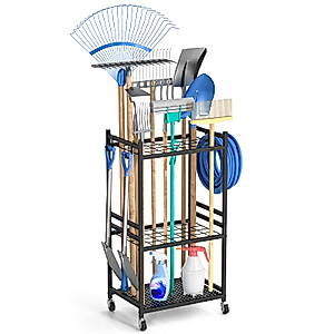 DAOUTIME Garden Tool Organizer with Wheels, Yard Tool Tower rack for Garage Organization and Storage, Up to 35 Long-Handled Tools, Sturdy Metal Steel Tool Holder with 3 Hooks, Outdoor, Black