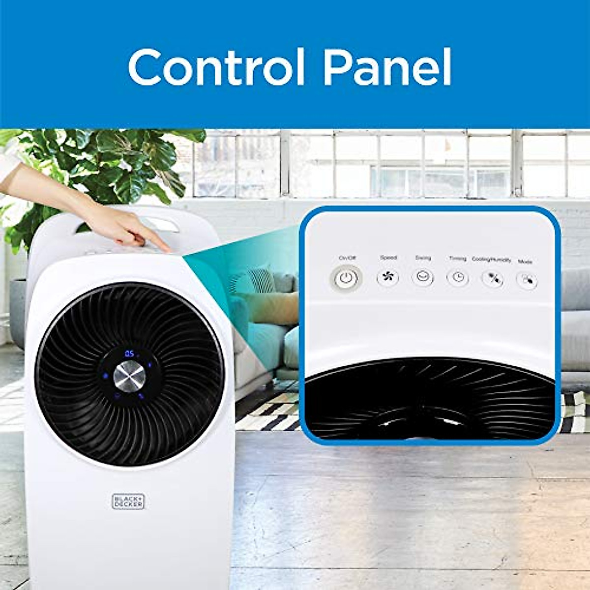 BLACK+DECKER Evaporative Air Cooler - Portable Cooling Fan with LED Display, Remote Control, 2-Gallon Water Tank - Compact and Lightweight Design - 2 Casters and 2 Wheels for Easy Mobility