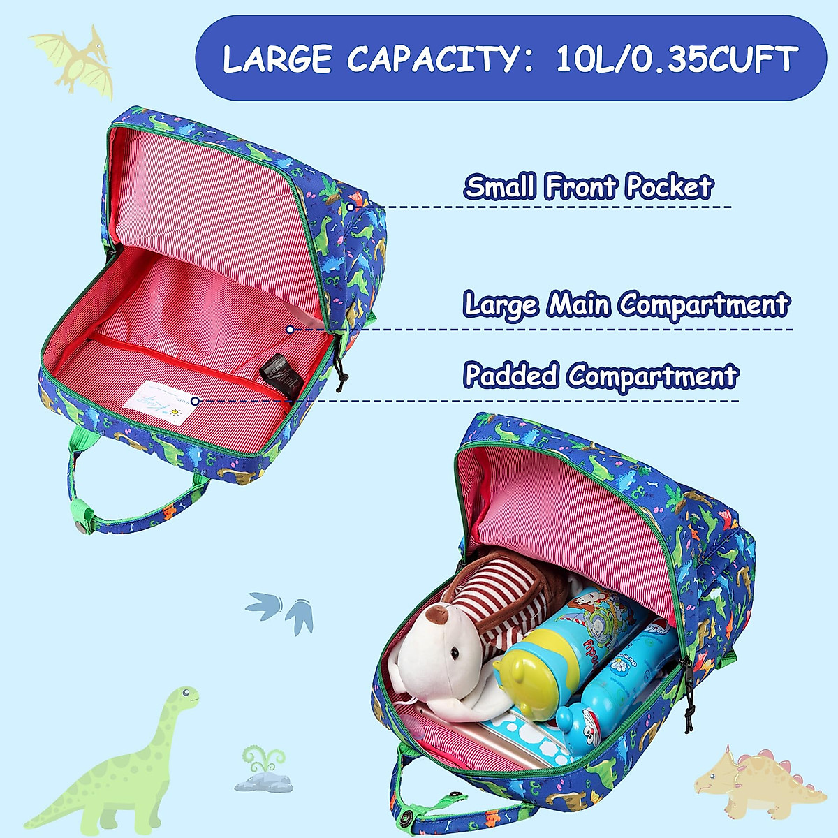 Kasqo Kids Backpack, Lightweight Water Resistant Preschool Toddler Bookbags for Little Boys and Girls with Chest Strap, Green Dinosaur