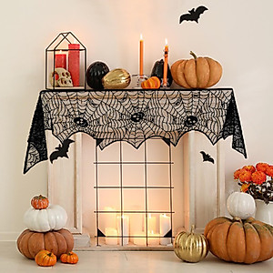 Habbiful Halloween Mantle Scarf for Table Window Indoor Curtain Kitchen Decoration Halloween Mantle Cover Black Lace Spiderweb Mantle Scarf for Halloween Fireplace Gothic Party Home Decoration