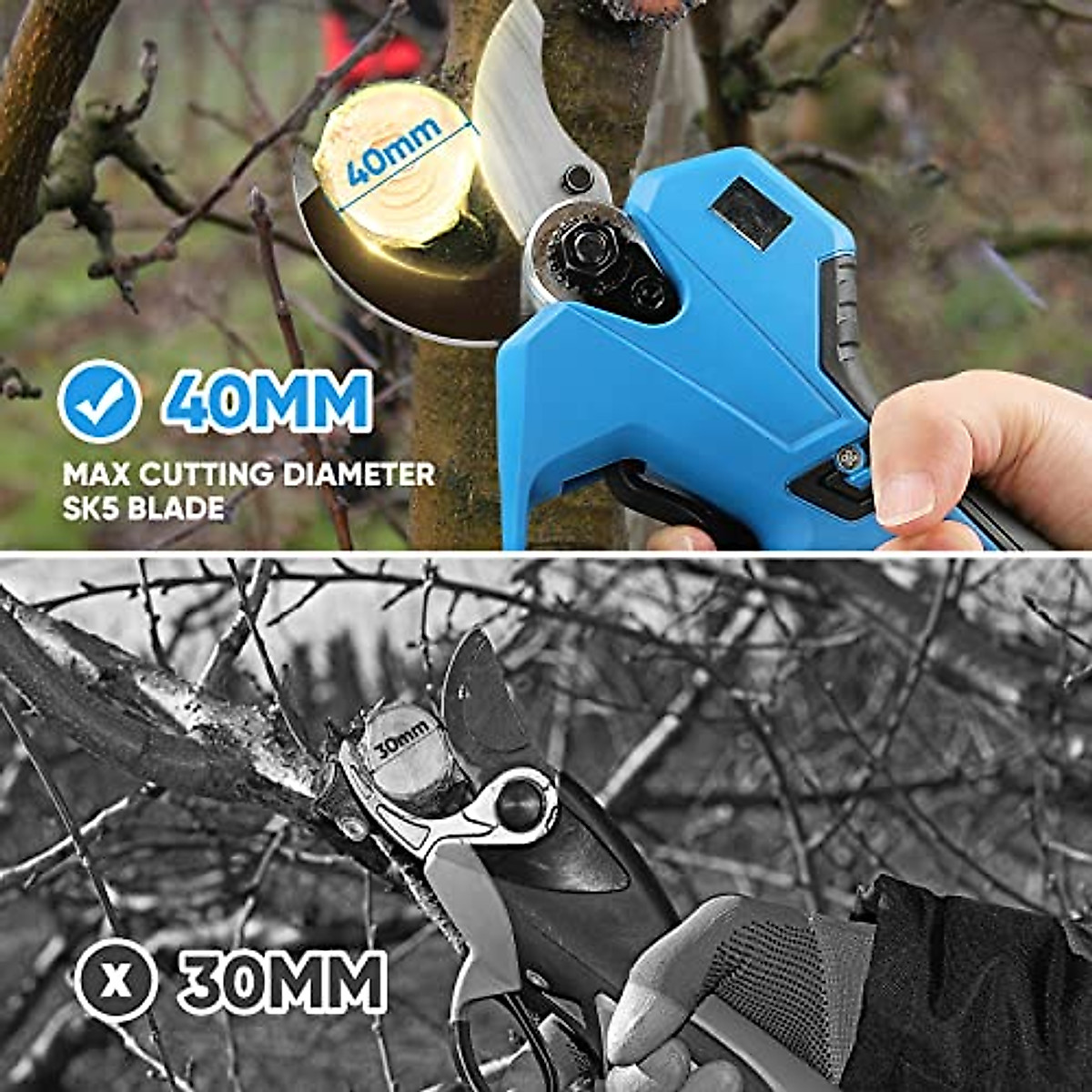 40mm Electric Pruning Shears, Seesii Cordless Tree Pruner Heavy Duty w/ 2.0Ah Rechargeable Battery & Replacement Blade,Power Display,6-8 Working Hours,Power Pruner for Branch Flowering Brushes