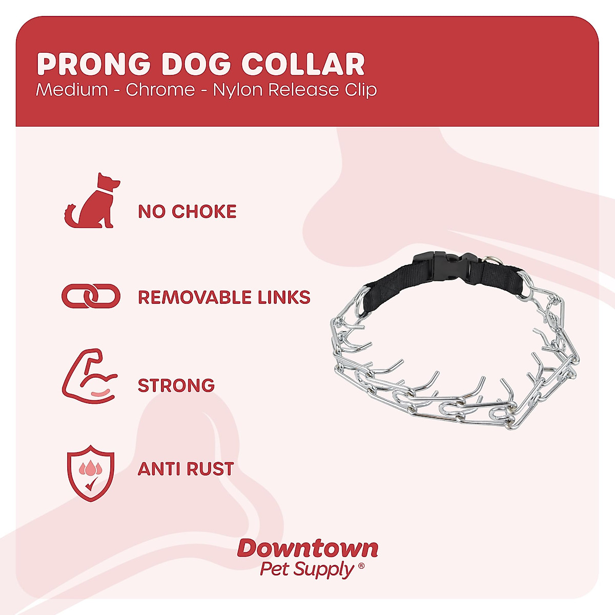 Downtown Pet Supply Chrome Plated/Nylon Prong Collar for Dogs, Medium - Adjustable, No-Choke and No Pull Dog Collar with Removable Links - Pinch Collar for Dogs 20-40 lbs and 20" Neck Width