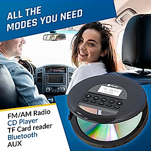 KLIM Nomad - New 2023 - Portable CD Player Walkman with Long-Lasting Battery - with Headphones - Radio FM - Compatible MP3 CD Player Portable - TF Card Radio FM AM Bluetooth - Ideal for Cars - Black