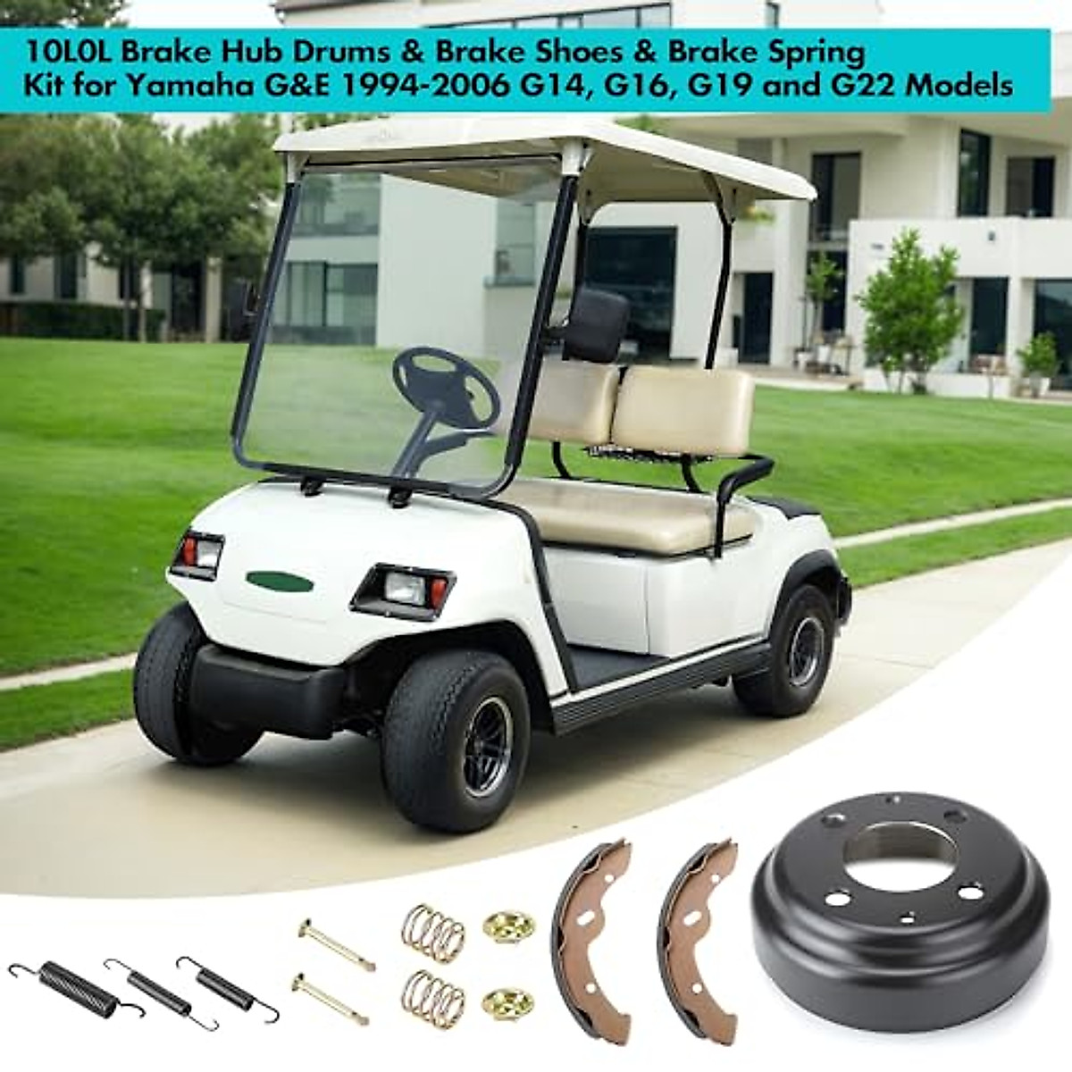 10L0L Golf Cart Brake Repair Kit, Brake Hub Drums & Brake Shoes & Bendix Brake Spring kit fit Yamaha G14, G16, G19, G22 G&E 1994-2006 Models,OEM JU0-G6521-00-00, JN6-F5331-01-00, JN3-F5331-00