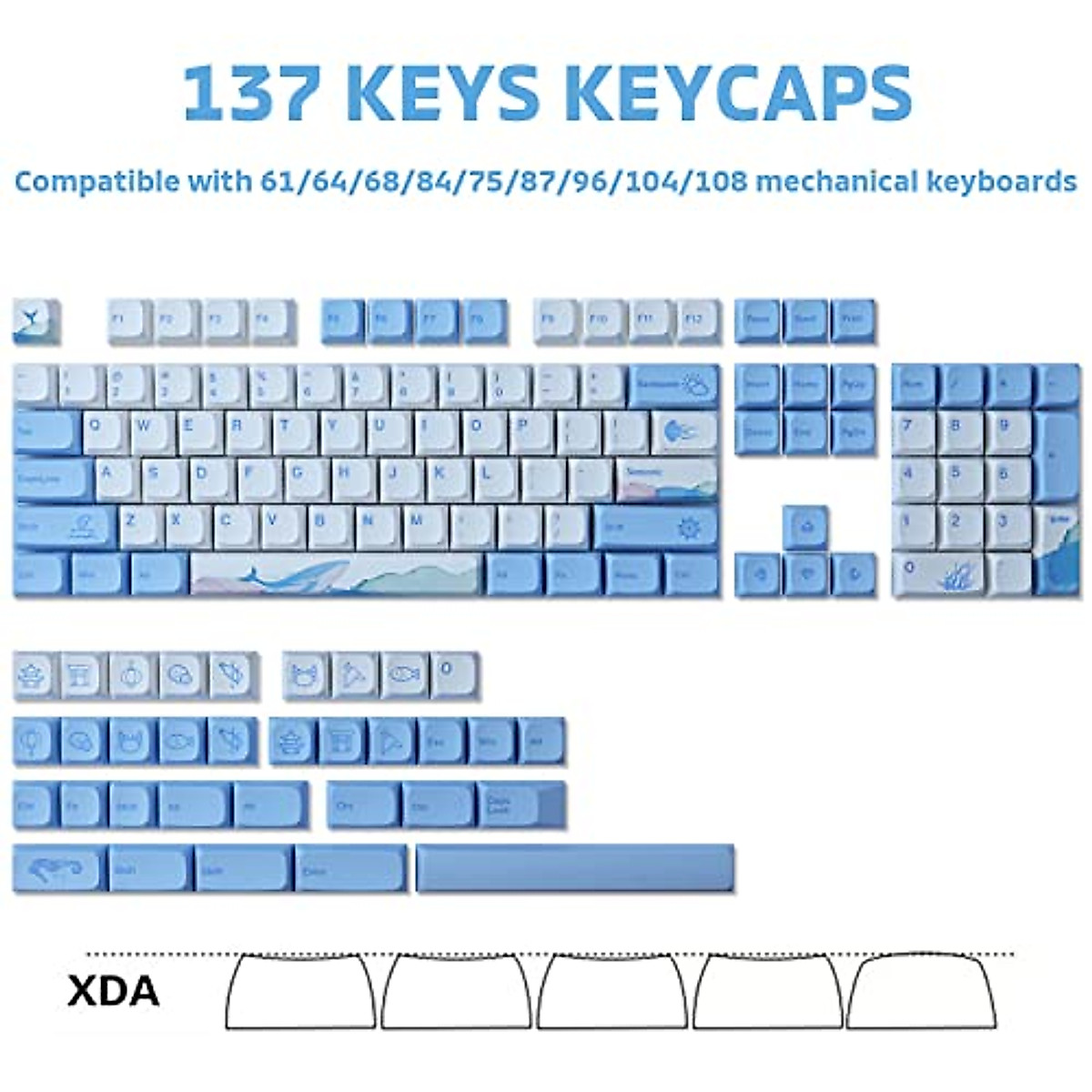 Hyekit PBT Keycaps 137 Keys Melody of The Sea Keycaps Dye-Sublimation Cute Keycaps XDA Profile for Cherry Gateron MX Switches Mechanical Keyboards
