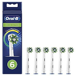 Oral-B Cross Action Electric Toothbrush Head with CleanMaximiser Technology, Angled Bristles for Deeper Plaque Removal, Pack of 6 Toothbrush Heads, White