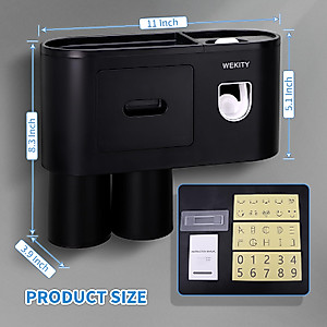 Wekity Toothpaste and Toothbrush Holder, Multi-Functional Toothbrush Holder Wall Mount for Bathroom Space Saving, with Toothpaste Dispenser and Colorful Gargle Cups (Black)