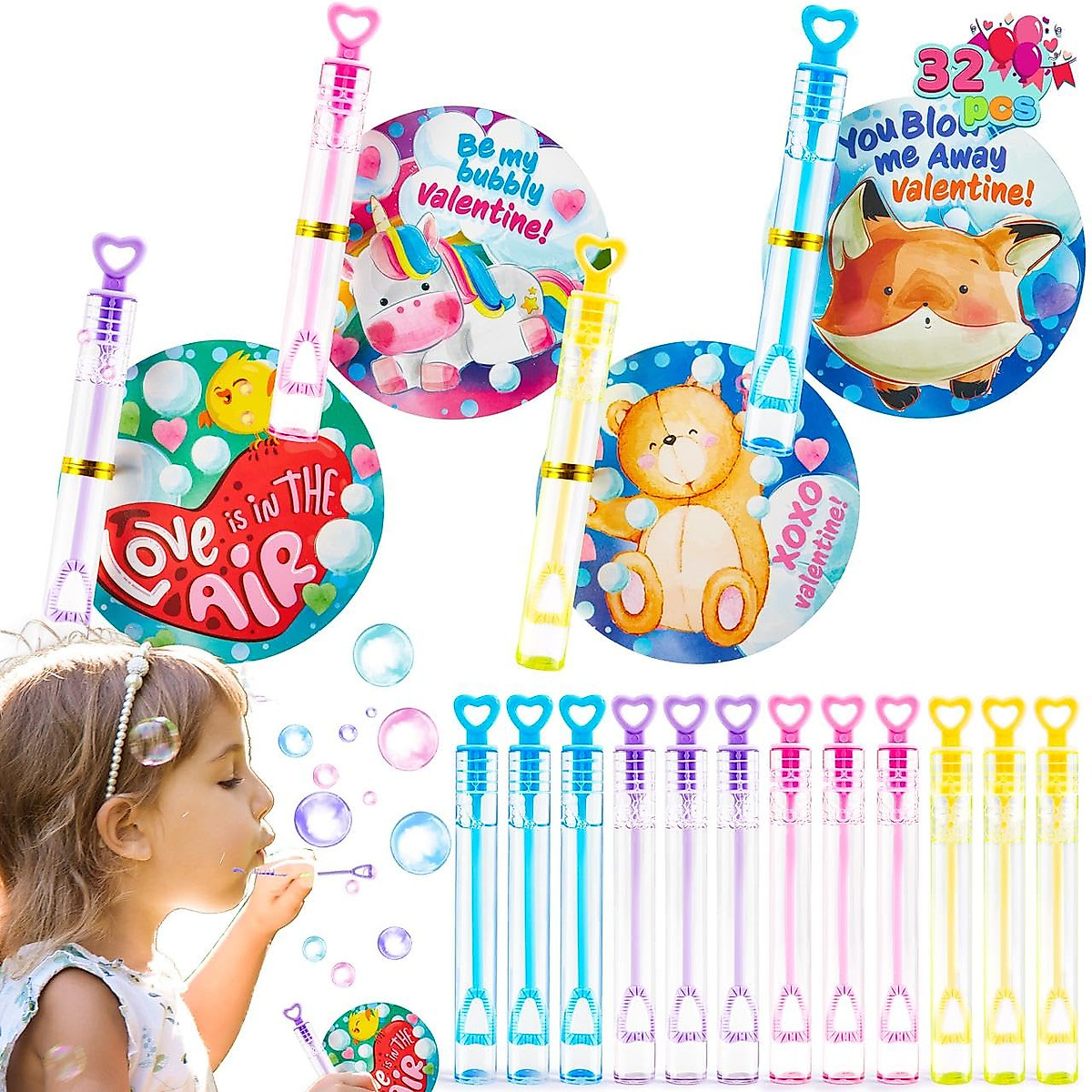 JOYIN 32 Pcs Valentines Day Gift Cards with Mini Bubble Maker Wands for Kids, Valentine Party Favor Toys, Valentine's Day Kids Classroom Exchange Prizes, Bubble Wands with Cards, Photo Prop Decor