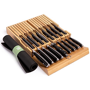 Drawer Knife Organizer - Bamboo Knife Block Insert - Holds 16 Knives + 1 Knife Sharpener (Knives Not Included) - Reliably Store, Secure & Organize Your Kitchen Knives In Cabinet - Free Up Counterspace