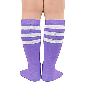 Zando Girls Knee High Socks 6-8 Years Old Cotton Soft Girls Soccer Socks School Uniform Socks for Girls Seamless Socks Youth Tube Socks Three Stripe Soccer Socks Kids Light Purple 6-9 Years