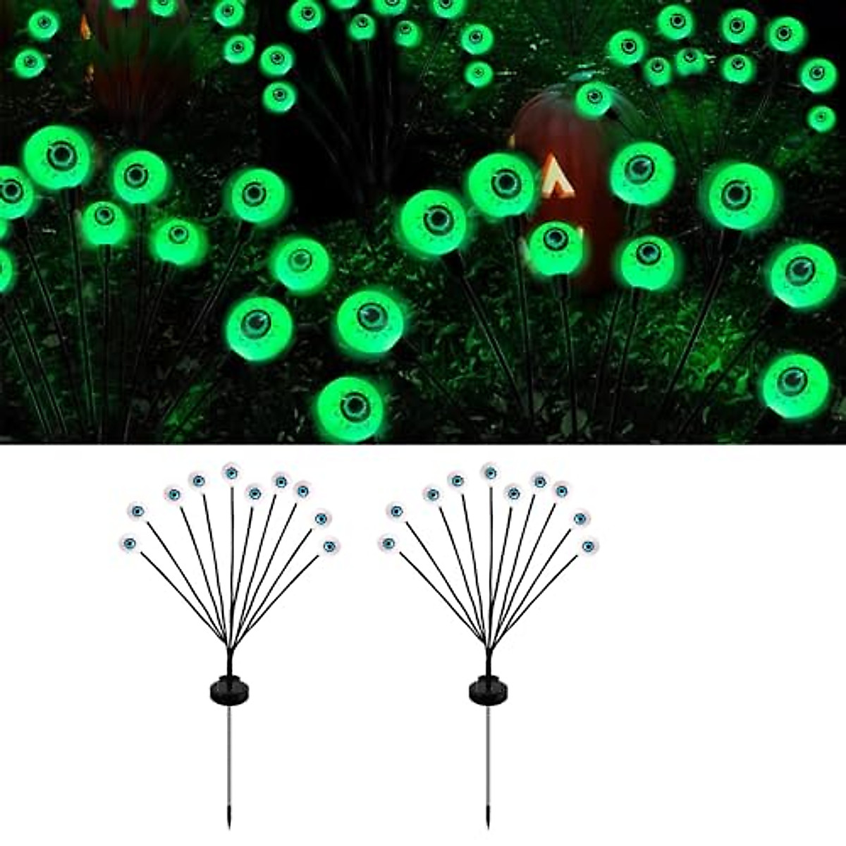 etoper Halloween Decoration Outdoor Solar Eyeball Lights,2 Packs 20 LED Green Eyeball Swaying Solar Landscape Pathway Stake Light,Path Lights for Garden Yard