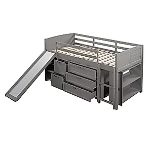 Low Loft Bed with Slide and Storage Twin Loft Bed Frame with Cabinet Drawers and Book Shelves, Wooden Loft Beds for Kids Boys Girls, Gray