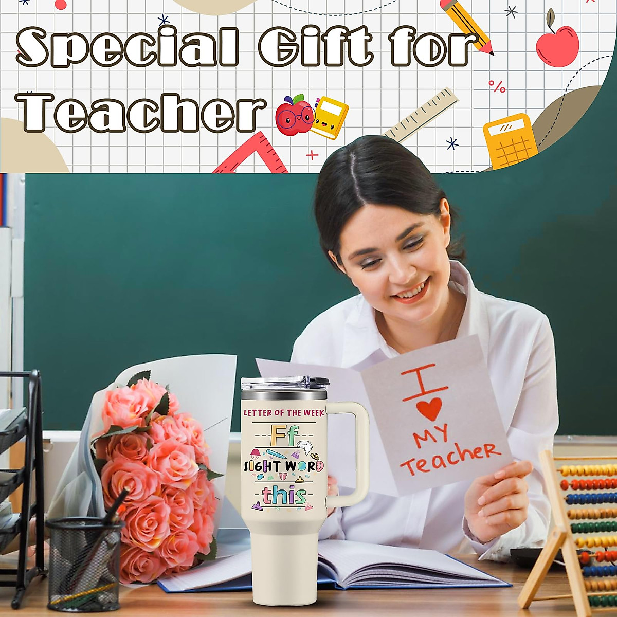 Teacher Gifts for Women, 40oz Teacher Tumbler with Handle, Teacher Appreciation Gifts, Best Teachers Gifts for Birthday Christmas Graduation Back to School Letter of the Week FF Sight World This cup
