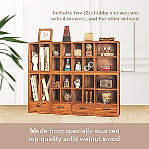 Wood Cabinet Floating Shelves (Set of 2) - Includes 1 Cubby Shelf w/ 12 Slots & 4 Drawers and 1 Wide Wooden Shelf - Stackable Farmhouse Decor Walnut Wood Cabinet - Total of 26 Compartments