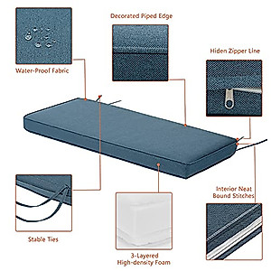 VINGLI Outdoor Bench Cushion 43x18x3 inch Waterproof Fabric Swing Settee Pad Mat with Fixed Ties, Navy Blue …