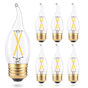 Antique Dimmable E26 LED Candelabra Bulbs 25W Equivalent, 2W CA10 Flame Tip LED Chandelier Candle Light Bulbs, Clear Glass, 3000K Soft White Pandent Lights Wall Sconces Lamp, 200LM, 6 Pack