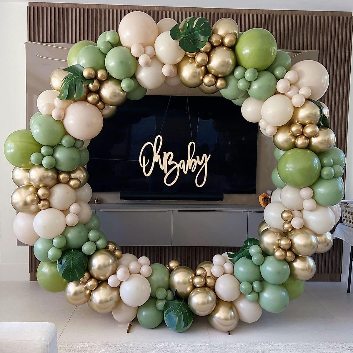 VitaCraft Sage Green Balloon Garland Arch Kit - 143Pcs Retro Green White Sand and Gold Metallic Chrome Latex Balloons Set for Oh Baby Shower Jungle Safari Party Baptism Wedding Birthday Decorations