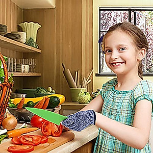 quirzx Kids Knife Set, 3PCS Kid Safe Knives with Cut Resistant Gloves (Ages 6-12), Serrated Edges, BPA-Free, Plastic Kitchen Kids Knives for Real Cooking & Cutting Fruit, Vegetable, Bread, Cake