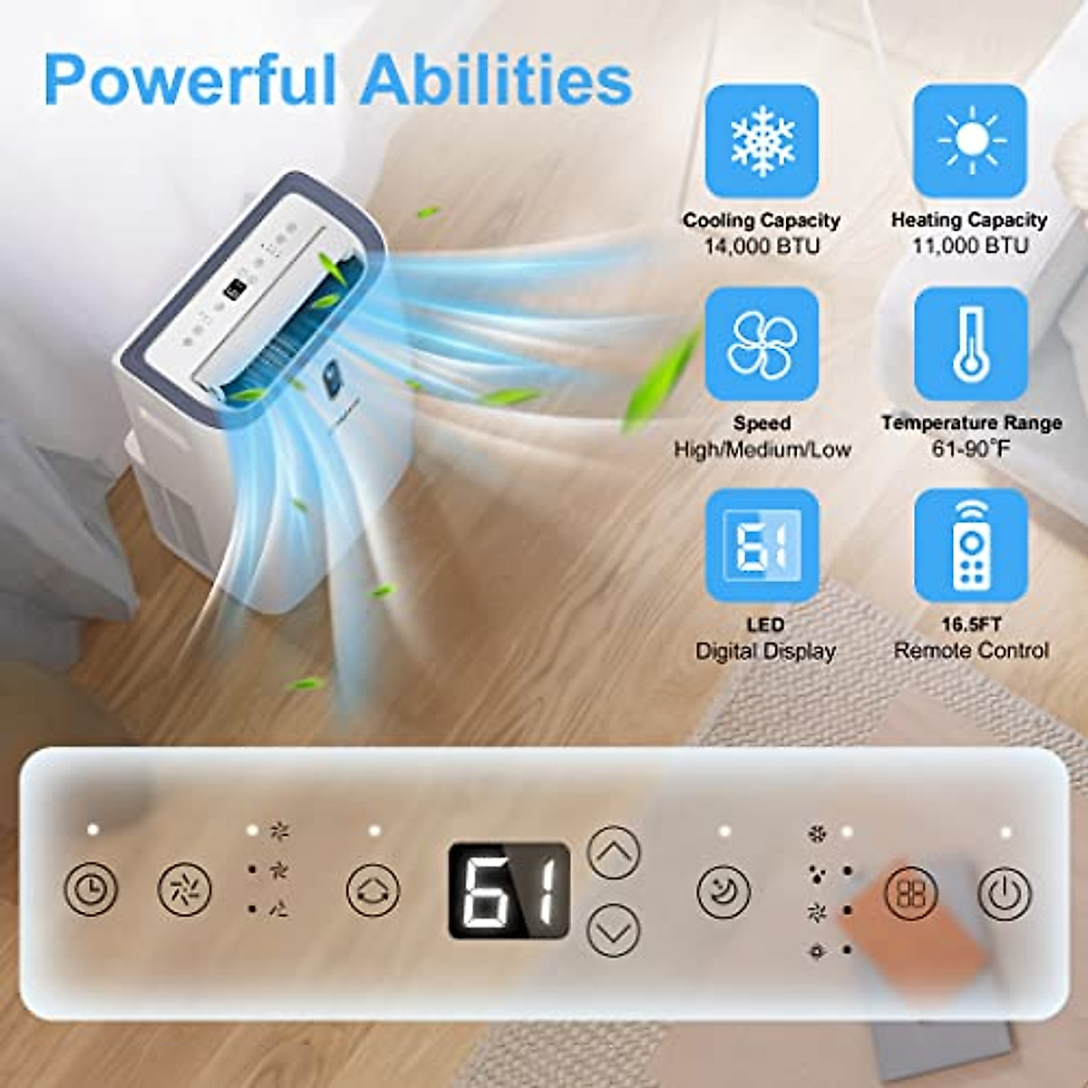 Wiytamo 14,000 BTU Portable Air Conditioners for Rooms Up to 700 Sq.Ft, 4-in-1 Portable AC Unit, Heat, Dehumidifier & Fan with Remote Control, Auto Swing, LED Display, Window Installation Kit Included