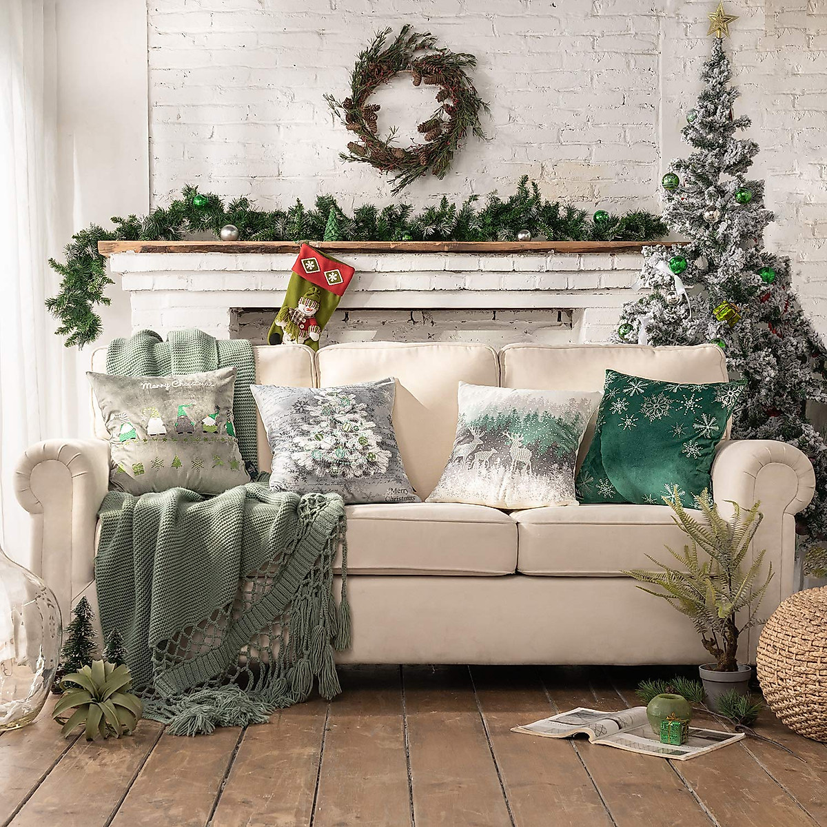 Phantoscope Pack of 4 Merry Christmas Decorative Velvet Embroidery Throw Pillow Cover with Snowflake, Trees, Elves, Elk Cushion Covers for Xmas Couch Sofa, Green and Grey, 18 x 18 inches, 45 x 45cm