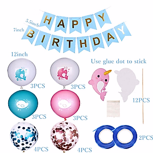 Narwhal Birthday Party Supplies Kit, Narwhal Theme Birthday Decorations Include Narwhal Ballons, Narwhal Theme Cupcake Topper and Blue Birthday Banner Set for Kids Ocean Theme Birthday Party