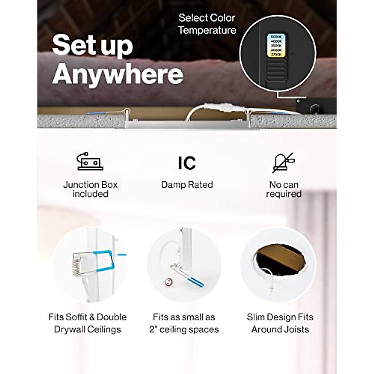 Sunco 6 Pack 4 Inch Slim LED Recessed Ceiling Lights, Selectable CCT 2700K/3000K/3500K/4000K/5000K, Dimmable, 10W, Canless with Junction Box - Energy Star ETL T24