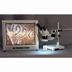 AmScope SW-3B13Z-FRL Binocular Stereo Microscope, WH10x Eyepieces, 10X/20X/30X/60X Magnification, 1X/3X Objective, Single-Arm Boom Stand, 8W Fluorescent Ring Light, 110V-120V, Includes 2.0x Barlow Lens