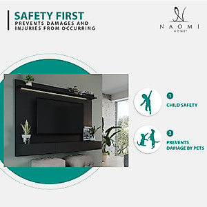 Naomi Home Bliss Modern Freestanding Wall Mounted Entertainment Center Floating TV Wall Panel for 70 inch TVs, Home Theater with LED Strip, Pull-Out Drawers and Overhead Shelf – Black, Solid Pine Wood