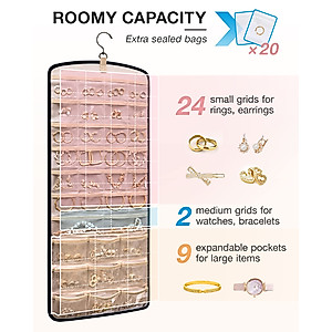 BAGSMART Hanging Jewelry Organizer, Necklace Holder Anti-tangle Earrings Rings Hanger with 20 Jewelry Bags Travel Storage Roll with Pockets Hang on Closet, Wall, Door,1 Piece, Large, Black