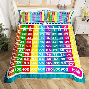 Feelyou Numbers Alphabet Duvet Cover Queen, Educational Learning Comforter Cover for Kids Boys Girls Numbers Bedding Set Learning Time Bedspread Cover Microfiber Bedclothes Zipper (No Comforter)