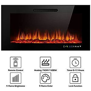 Hykolity 36 inch Electric Fireplace Inserts, 750/1500W Recessed and Wall Mounted Electric Fireplace, Electric Wall Fireplace Heater with Remote Timer, Touch Screen, Log/Crystal Hearth Options