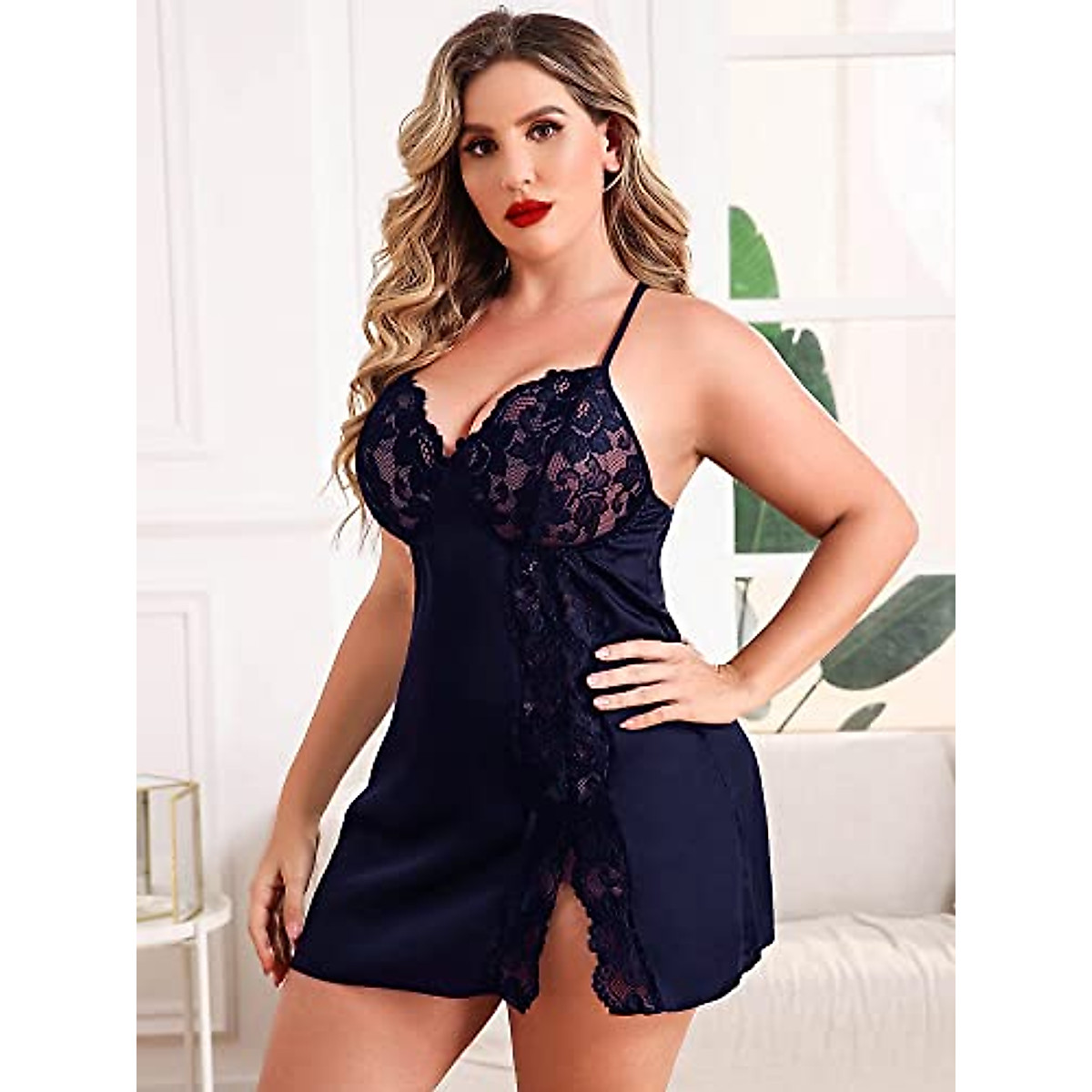 Avidlove Sexy Plus Size Lingerie For Women Lace Nightgown Satin Babydoll Sleepwear Sets Navy Blue 18W