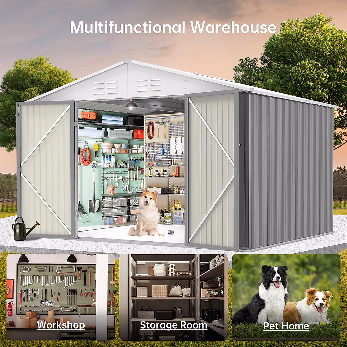 Zstar 7.5 x 8.5 FT Outdoor Storage Shed, Garden Tool Storage Shed with Sloping Roof and Lockable Double Door for Backyard Patio Lawn to Store Bikes, Tools, Lawnmowers, Grey