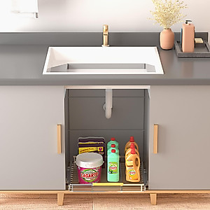 Expendable Pull Out Cabinet Organizer Slide Out Kitchen Organisation Shelf Heavy Duty Stainless Steel Gliding Cupboard Shelf Rack for Cabinet Pantry Closet Under Sink Divider, Chrome, 2Packs