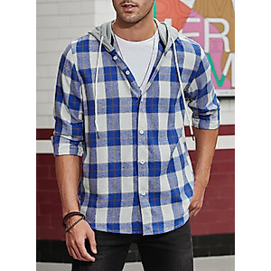 JMIERR Mens Flannel Hoodie Plaid Shirt Jackets Casual Button Down Long Sleeve Lightweight Shirts,US 46 (XL),0Sky Blue