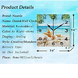 Naanle 3D Tropical Seashells Starfish on Summer Beach Sand Silent Square Wall Clock, 8 Inch Battery Operated Quartz Analog Quiet Desk Clock for Home,Office,School