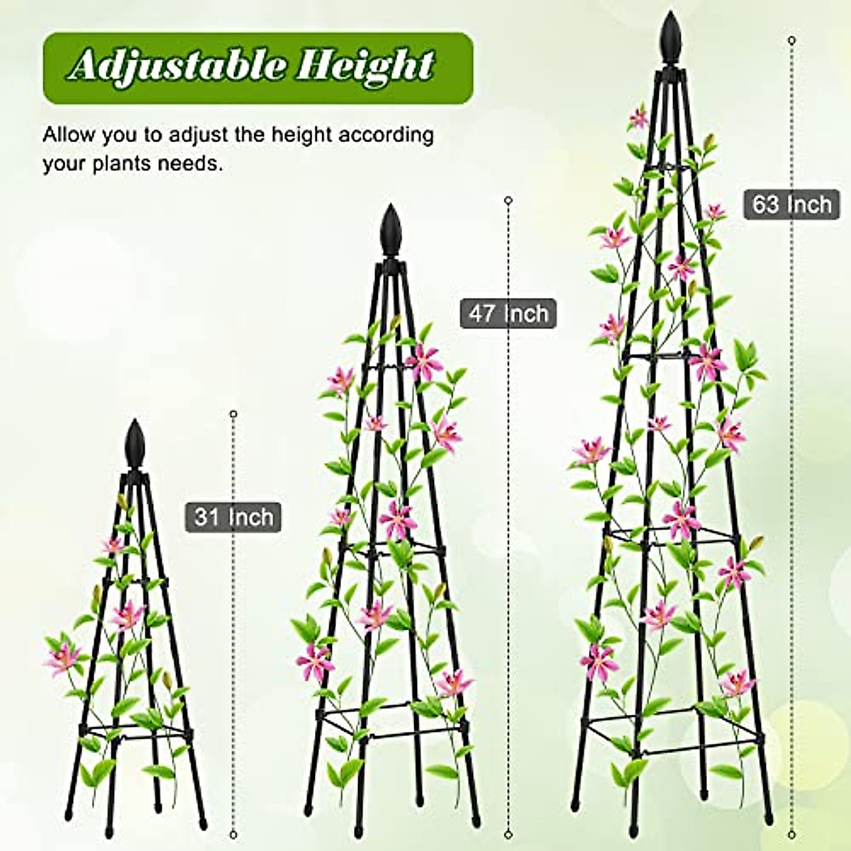 Garden Trellis for Climbing Plants Outdoor, 63 Inch Plant Support Trellis for Potted Plants, Tower Obelisk Trellis for Vines, Rose, Clematis, Flower Stands Plant Support Frame, Tomato Cage (1 Pack)